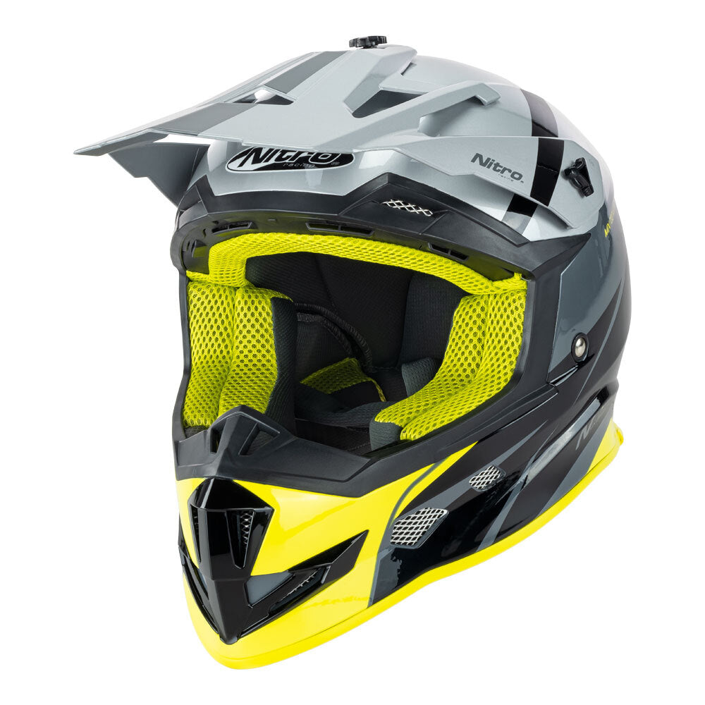 NITRO MX700 RECOIL MOTOCROSS HELMET GUNMETAL/BLACK/SILVER/FLURO YELLOW